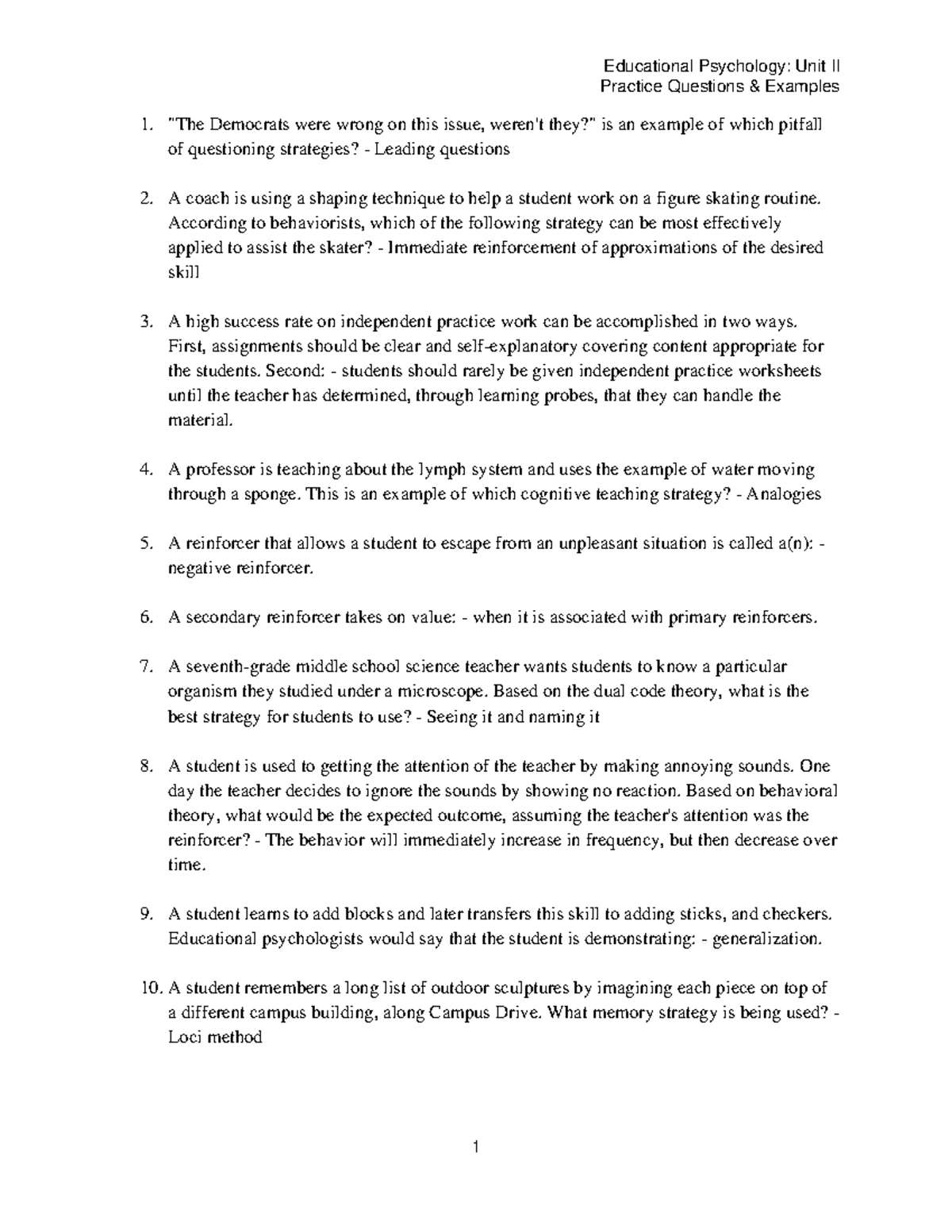 Edu Psy Unit 2 Practice Questions & Examples for Exam Prep - Studocu