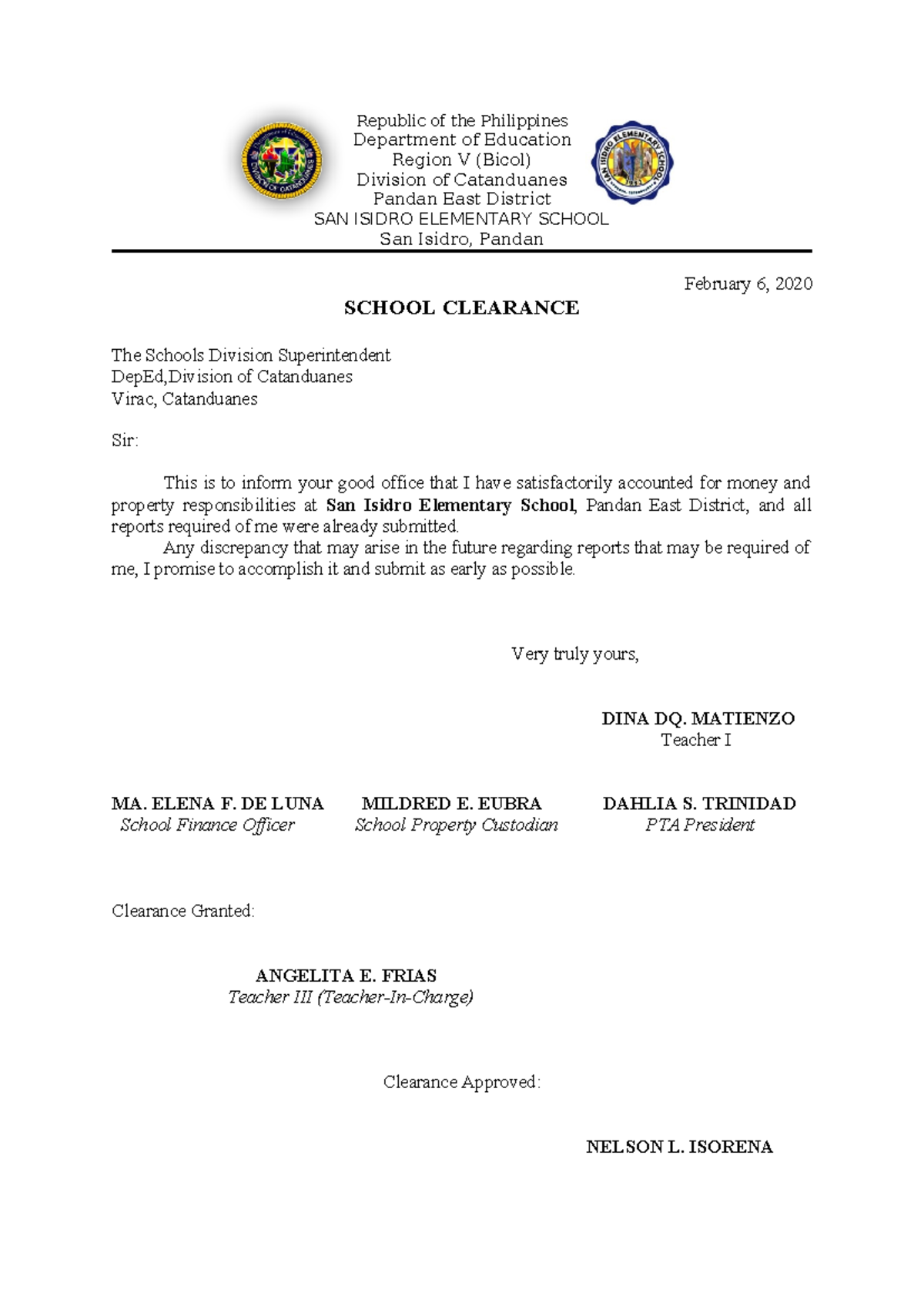 School Clearance Forms for San Isidro & Lourdes Elementary Schools ...