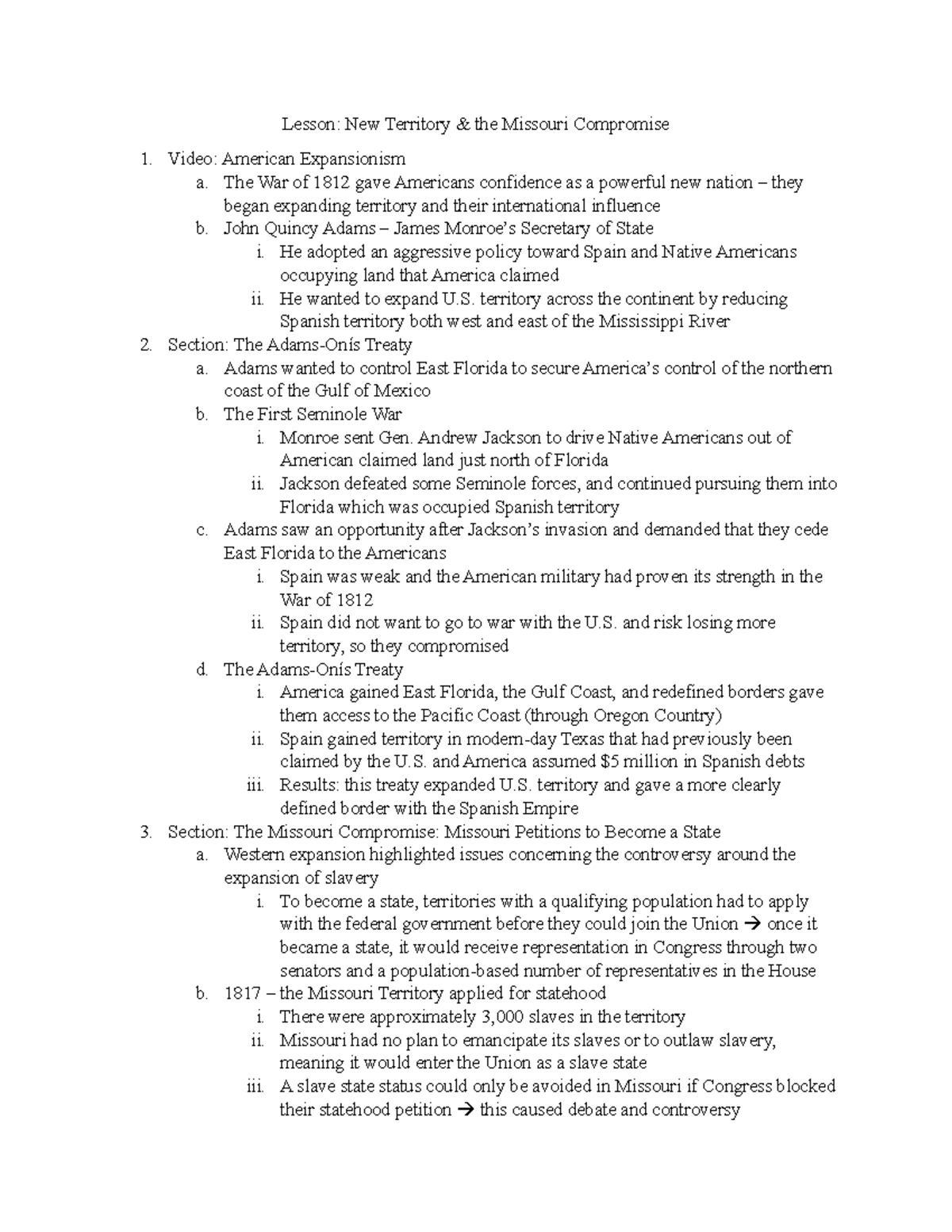 Expansion of U.S. Territory: The Adams-Onís Treaty & Missouri ...