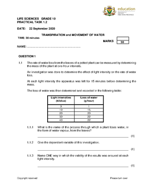 LIFE Sciences Topic TEST GR 11 - LIFE SCIENCES TOPIC TEST: BIODIVERSITY ...