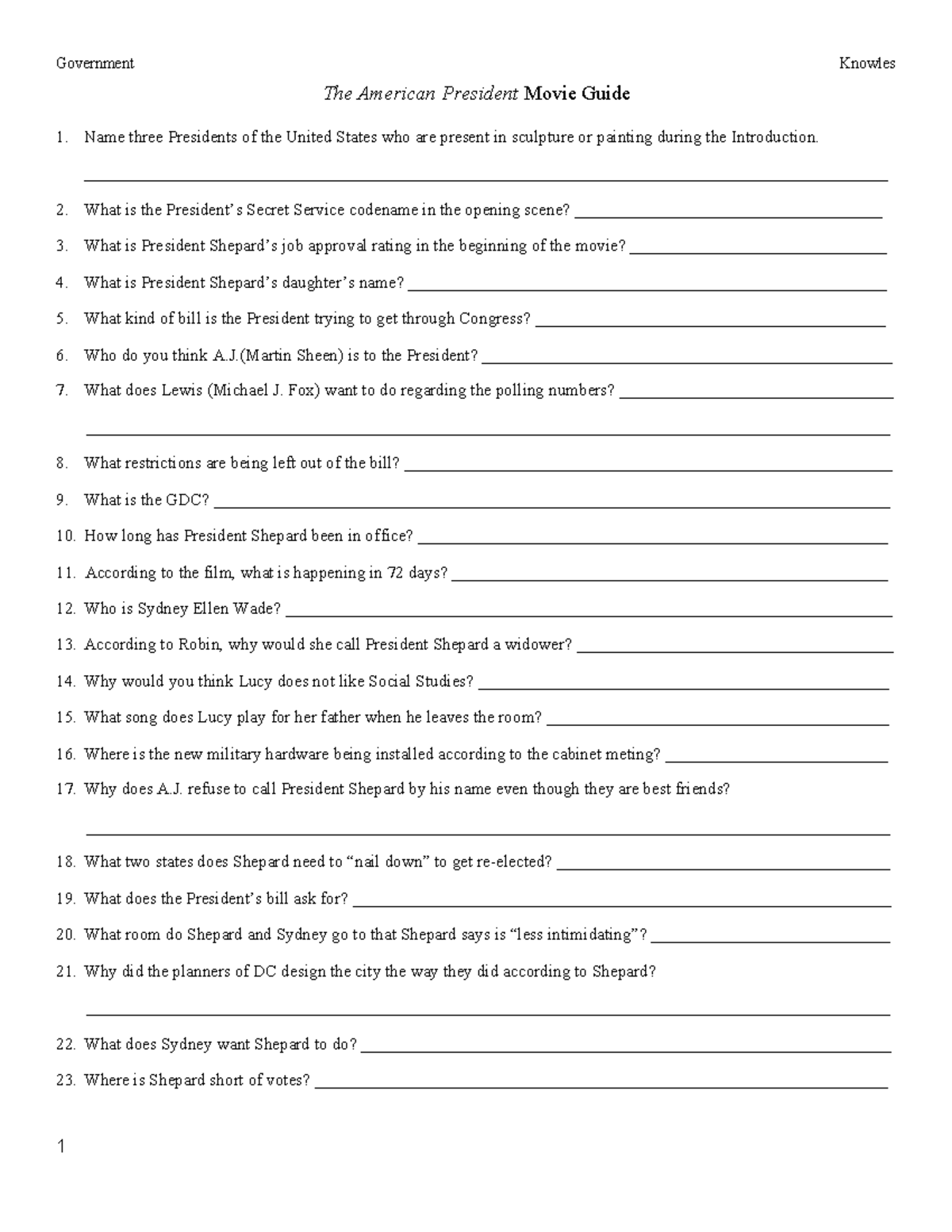 The American President Film Guide: Key Discussion Points & Questions ...