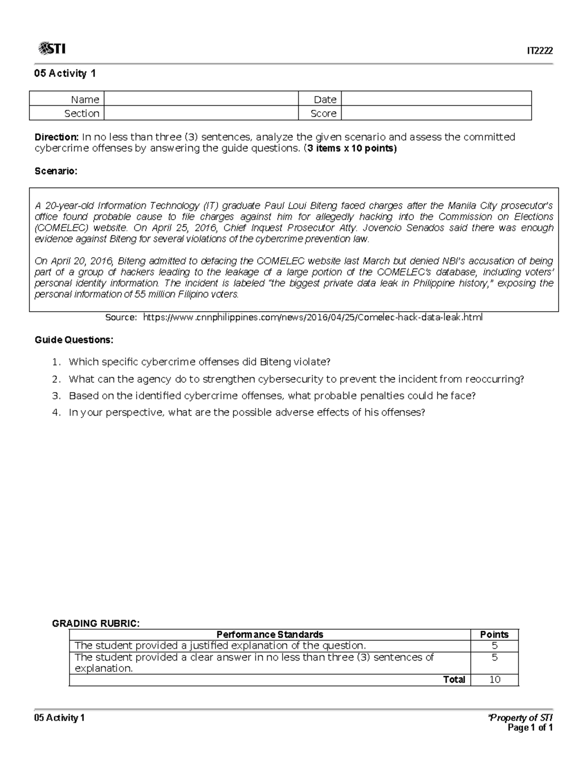 05 Activity 1: Cybercrime Analysis of Paul Loui Biteng's Case - Studocu