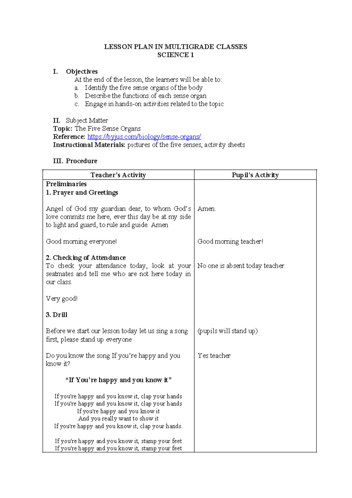 Multigrade Science Lesson Plan: The Five Sense Organs - Studocu