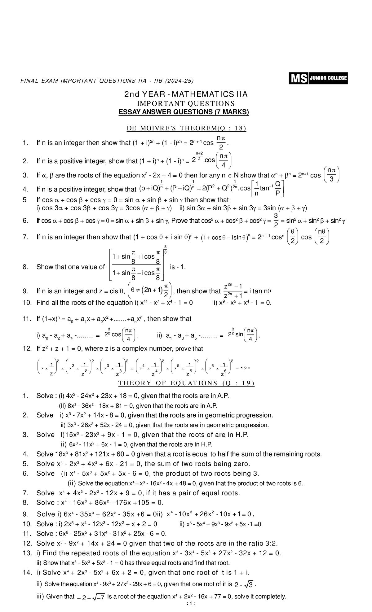 FINAL EXAM IMPORTANT QUESTIONS IIA IIB 2nd YEAR MATHEMATICS - Studocu