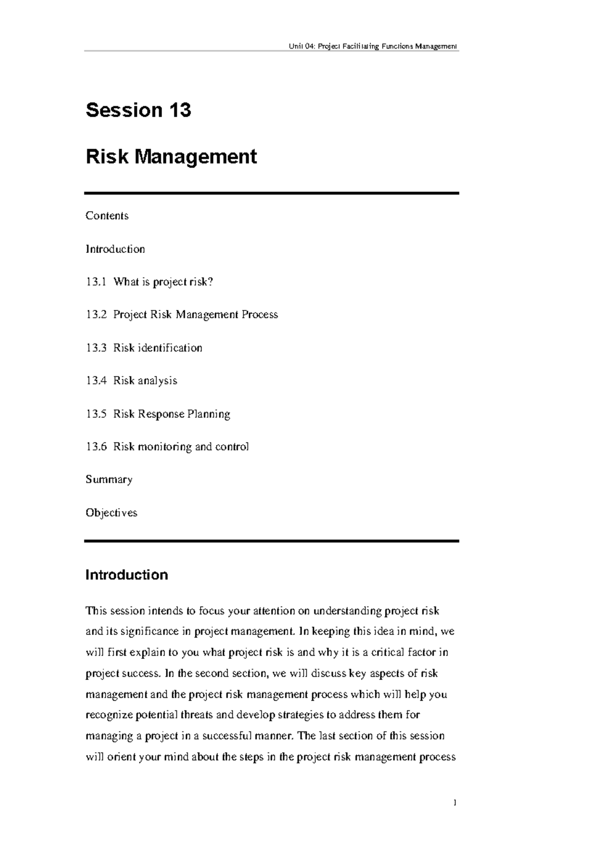 Unit 04: Project Management Risk Management Overview and Processes ...