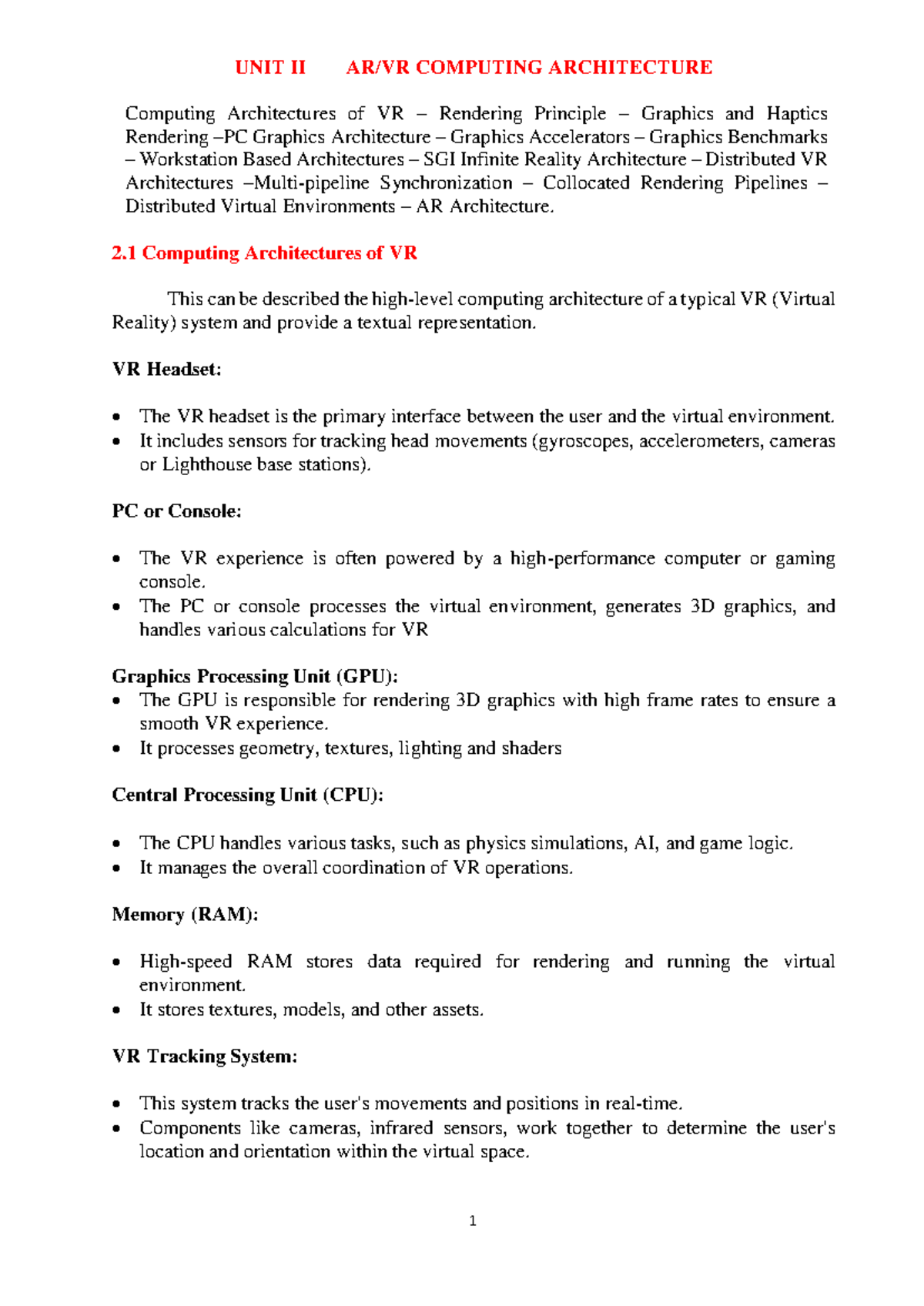 UNIT II-AR VR Computing Architecture: Principles of Graphics & Haptics ...