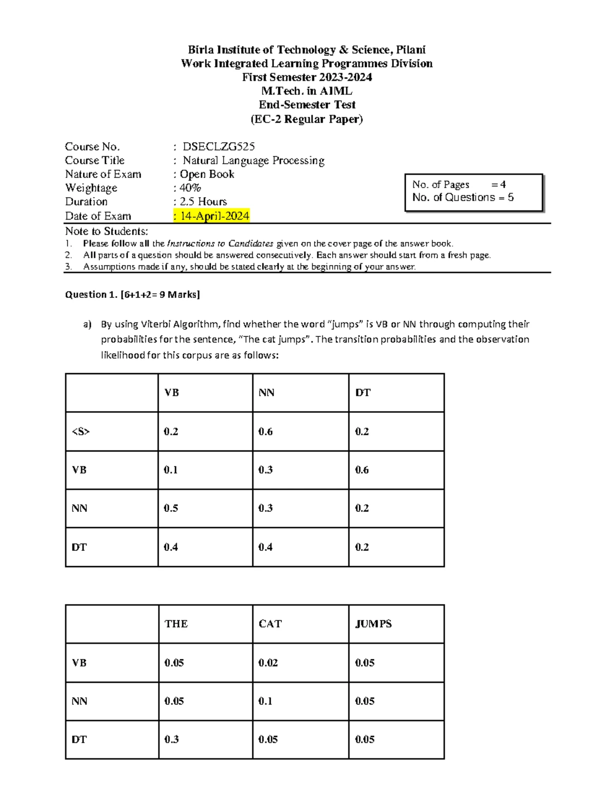 NLP End-Semester Exam Paper April 2024 - DSECLZG Regular - Studocu