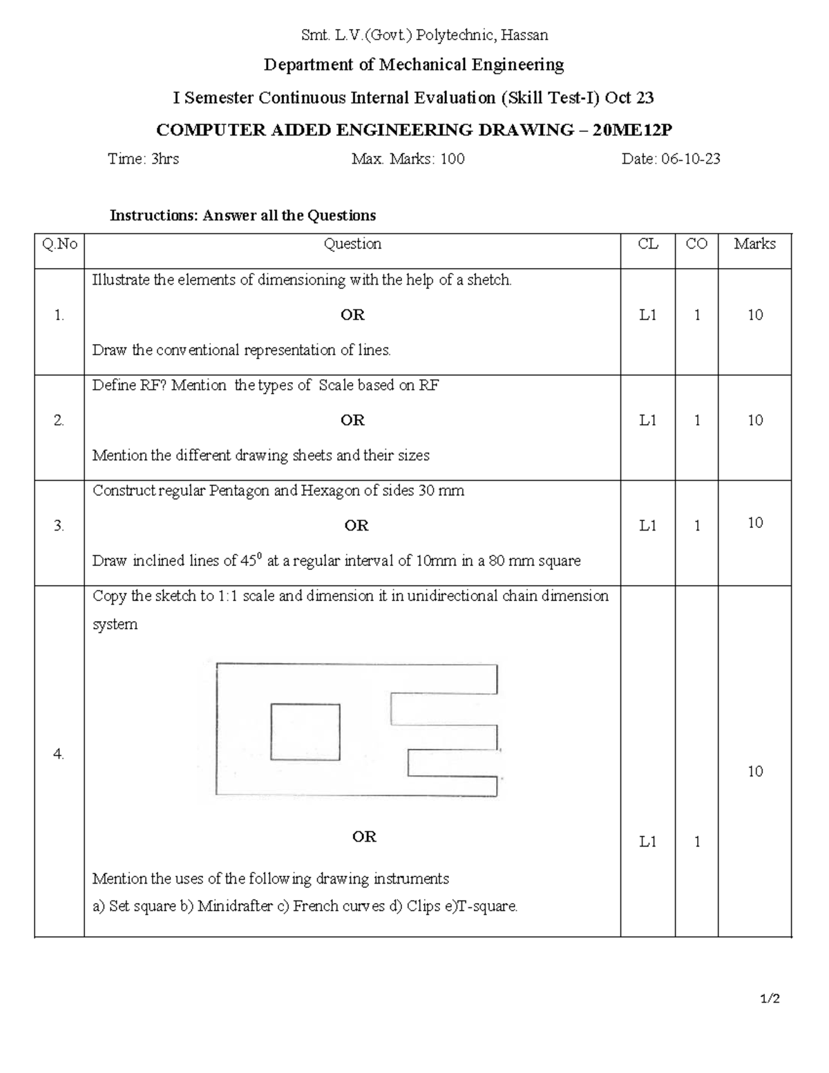 CAED 20ME12P I Sem CIE: Computer Aided Engineering Drawing QP - Studocu