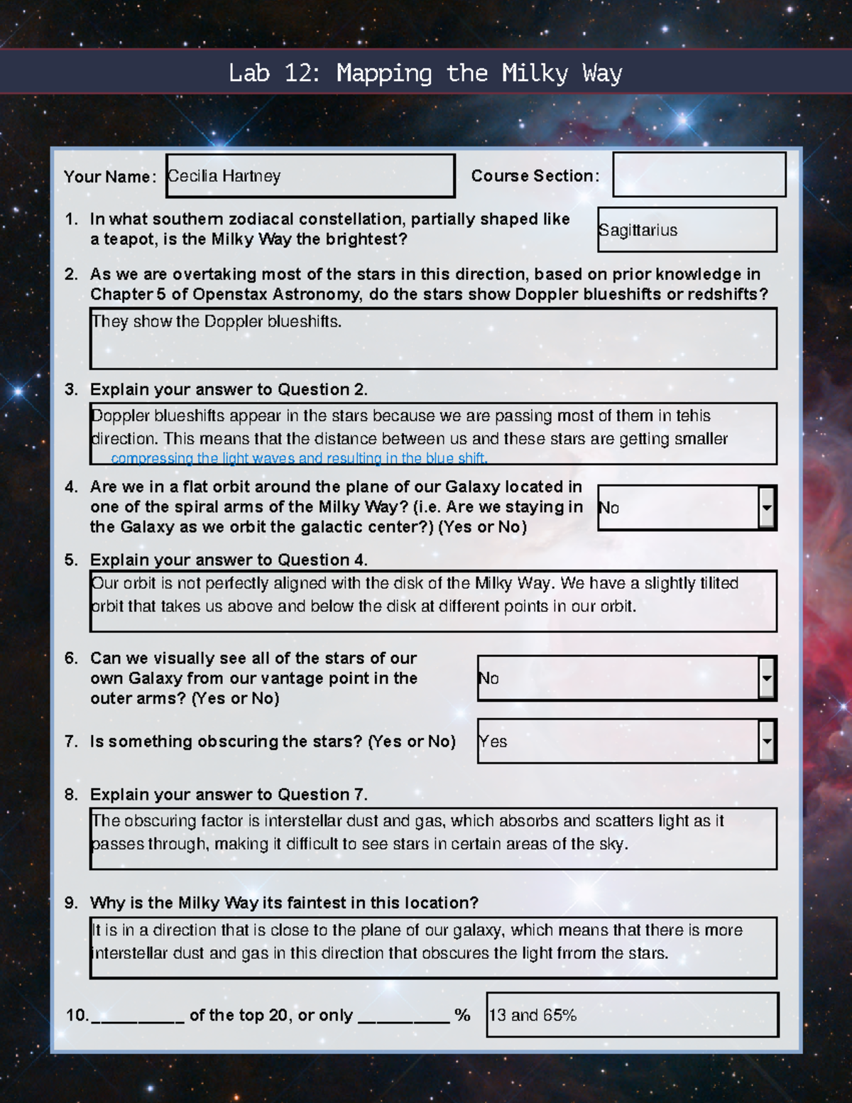Lab 12 - Mapping the Milky Way: Questions and Exploration - Studocu