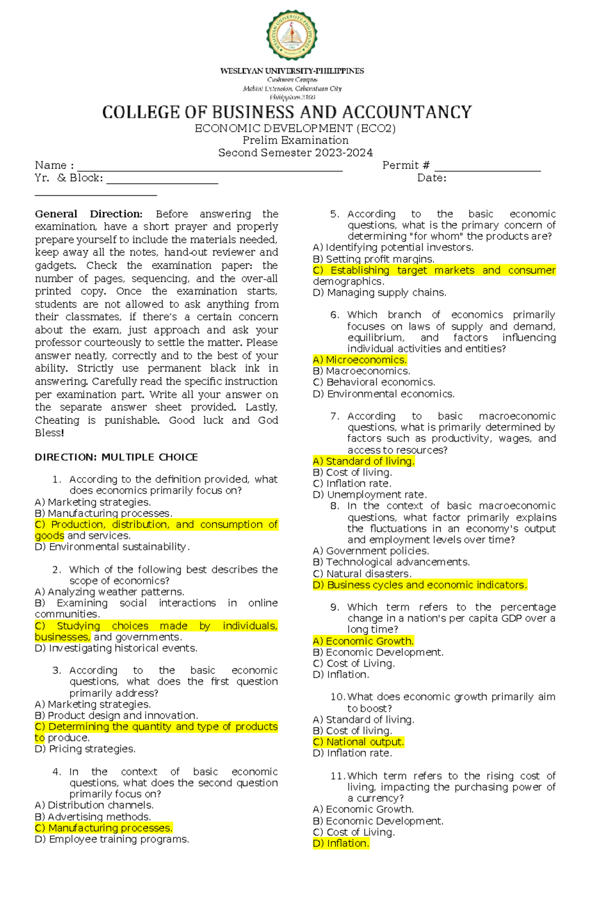 ECO 2 Final Exam Answer Key - Economic Development (2nd Sem 2023) - Studocu