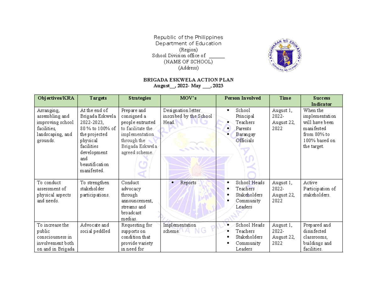 Brigada Eskwela Action Plan 2022-2023: Strategies & Objectives - Studocu