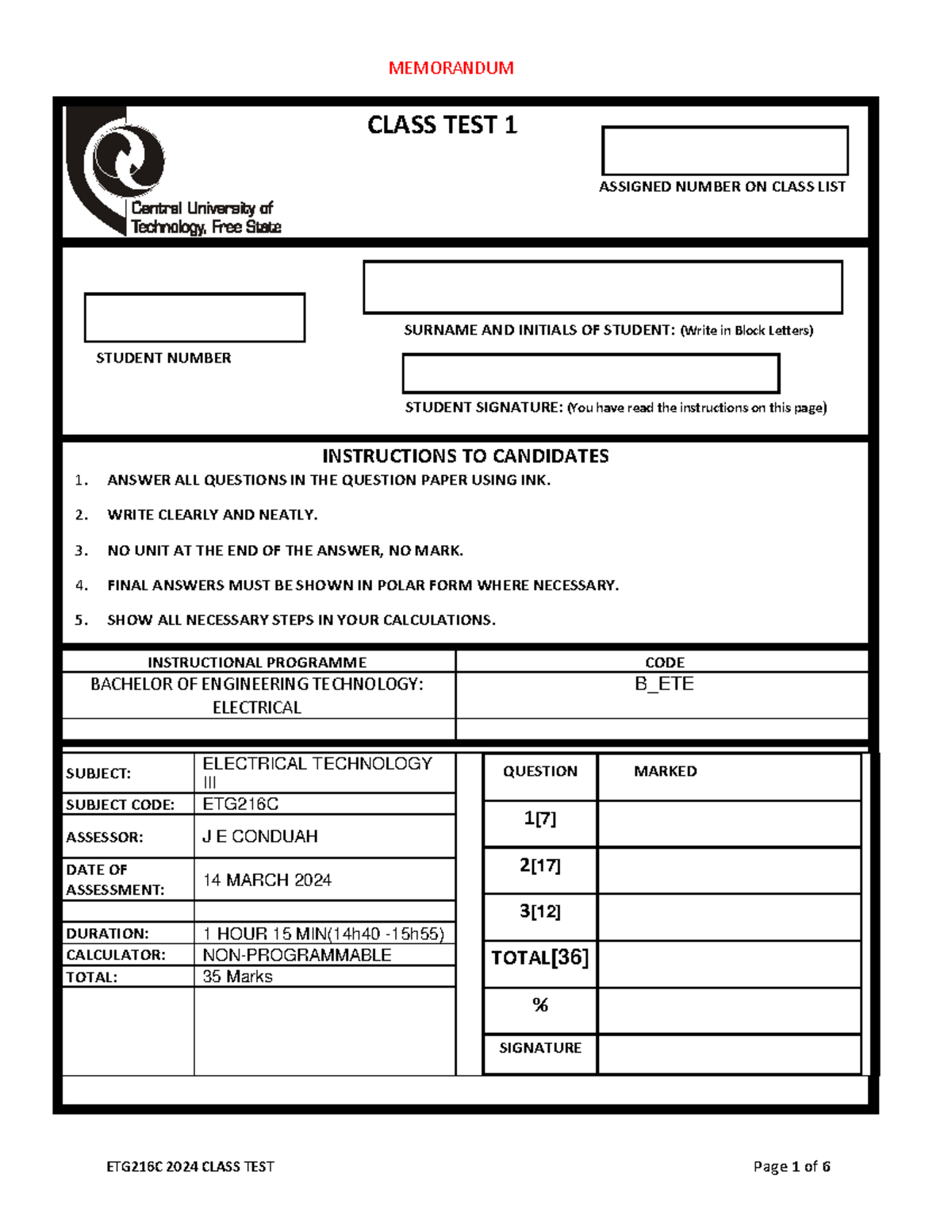 Class Test ETG216C: Electrical Technology I - March 2024 Instructions ...