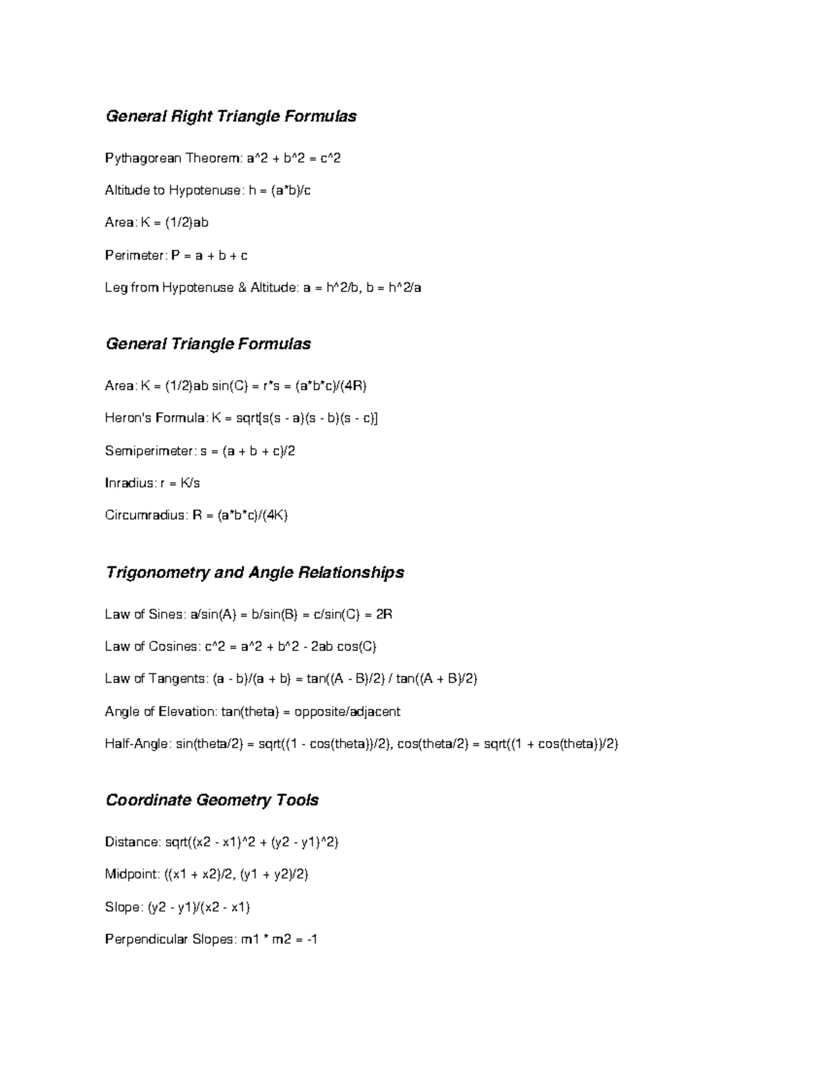 NSML Triangle Trigonometry Cheat Sheet: Key Formulas & Concepts - Studocu