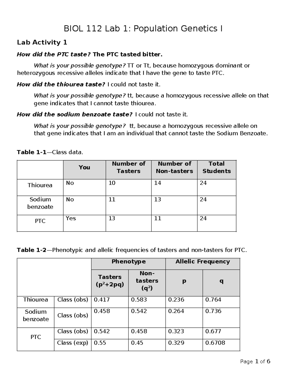 Lab 1 Bio 112 final - Lab Work - BIOL 112 Lab 1: Population Genetics I Lab Activity 1 How did ...