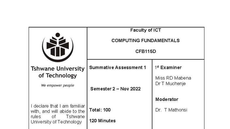 CFB115D Computing Fundamentals Final Summative Assessment Nov 2022 ...