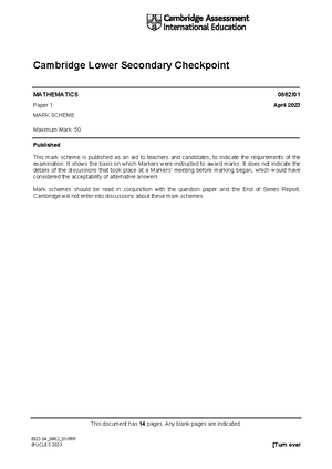 Cambridge Lower Secondary Checkpoint Mathematics Paper 2 Mark Scheme ...