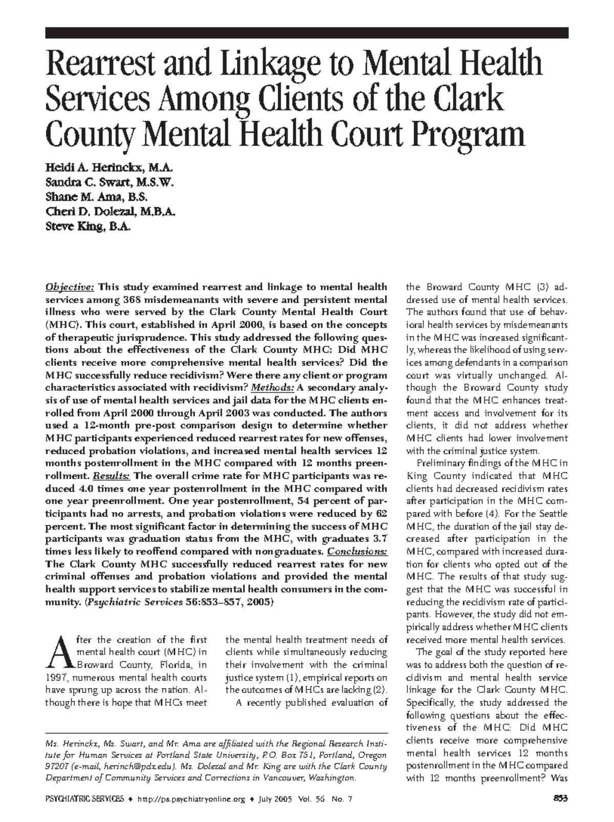 Rearrest Rates and Mental Health Service Linkage in Clark County MHC ...