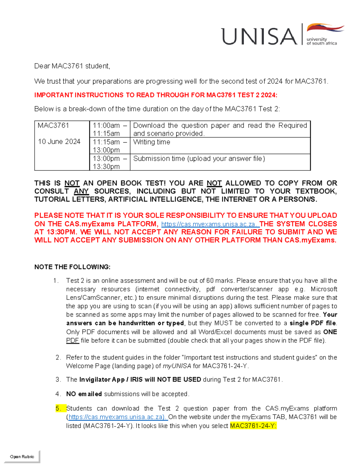 MAC3761 Test 2 Instructions – 10 June 2024 Details - Studocu