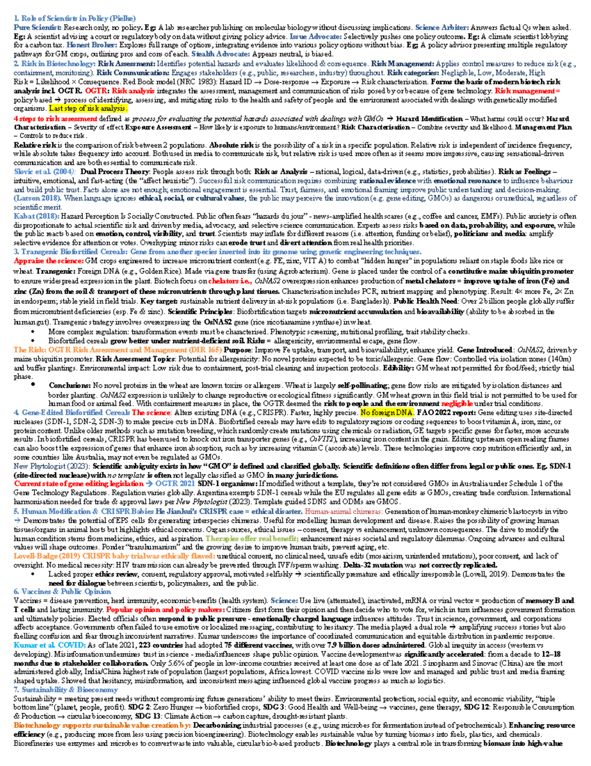 Biotech Exam Notes: Role of Scientists, Risks, and Innovations - Studocu