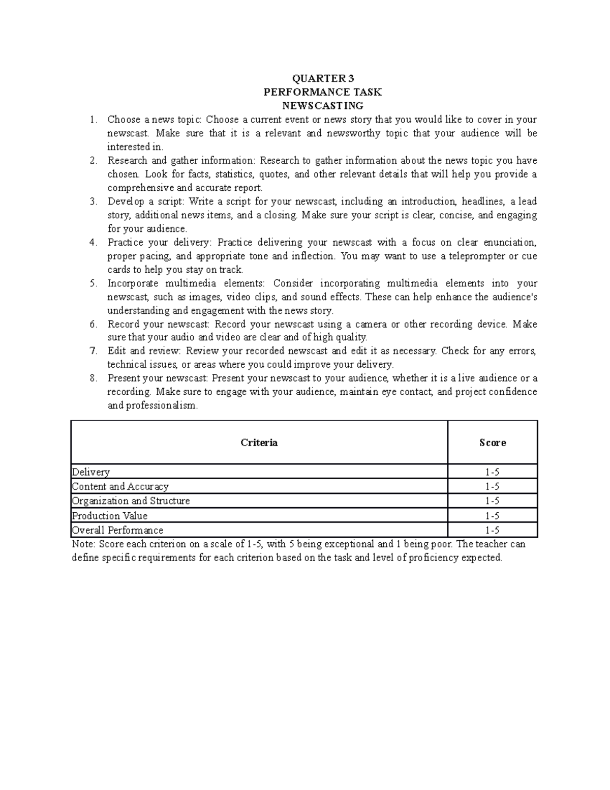 Performance task multimedia - QUARTER 3 PERFORMANCE TASK NEWSCASTING ...