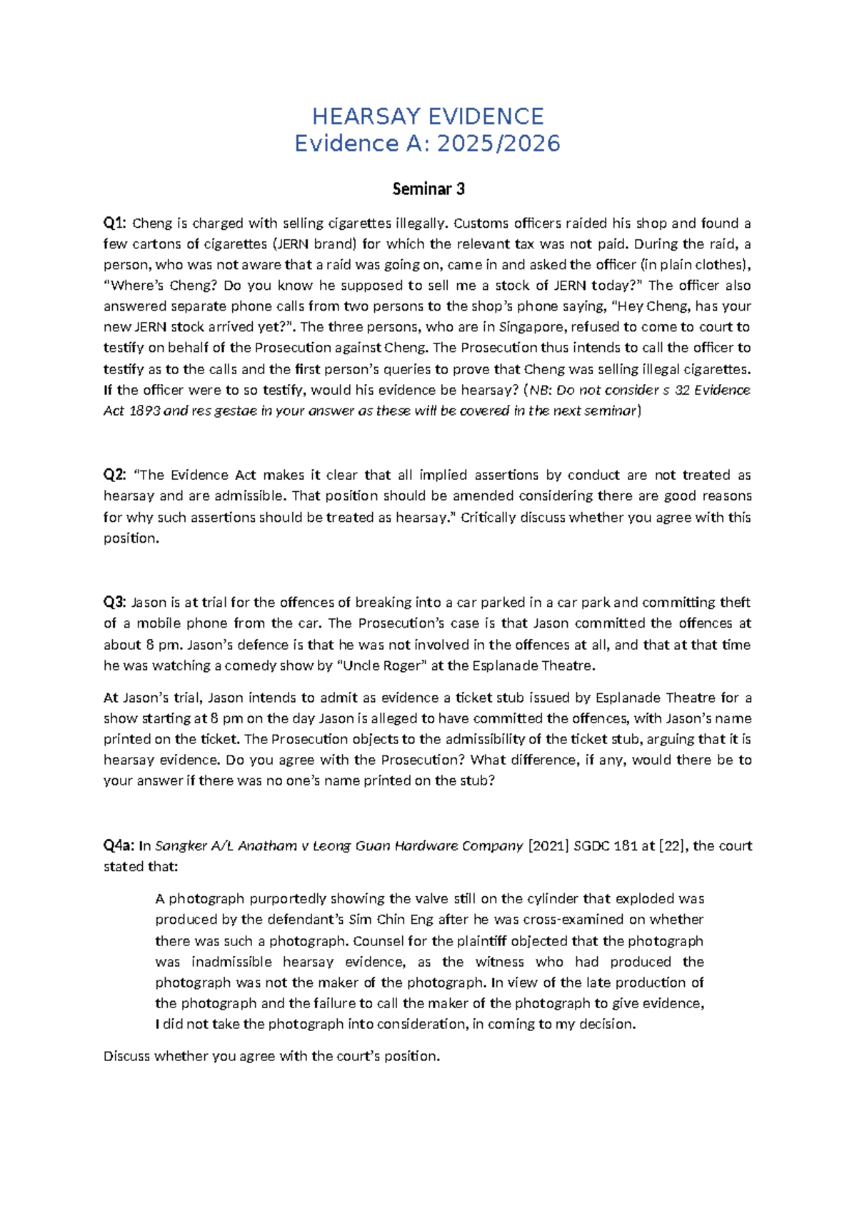 Seminar Sheet for Hearsay Evidence I & II (AY 2526) - Studocu