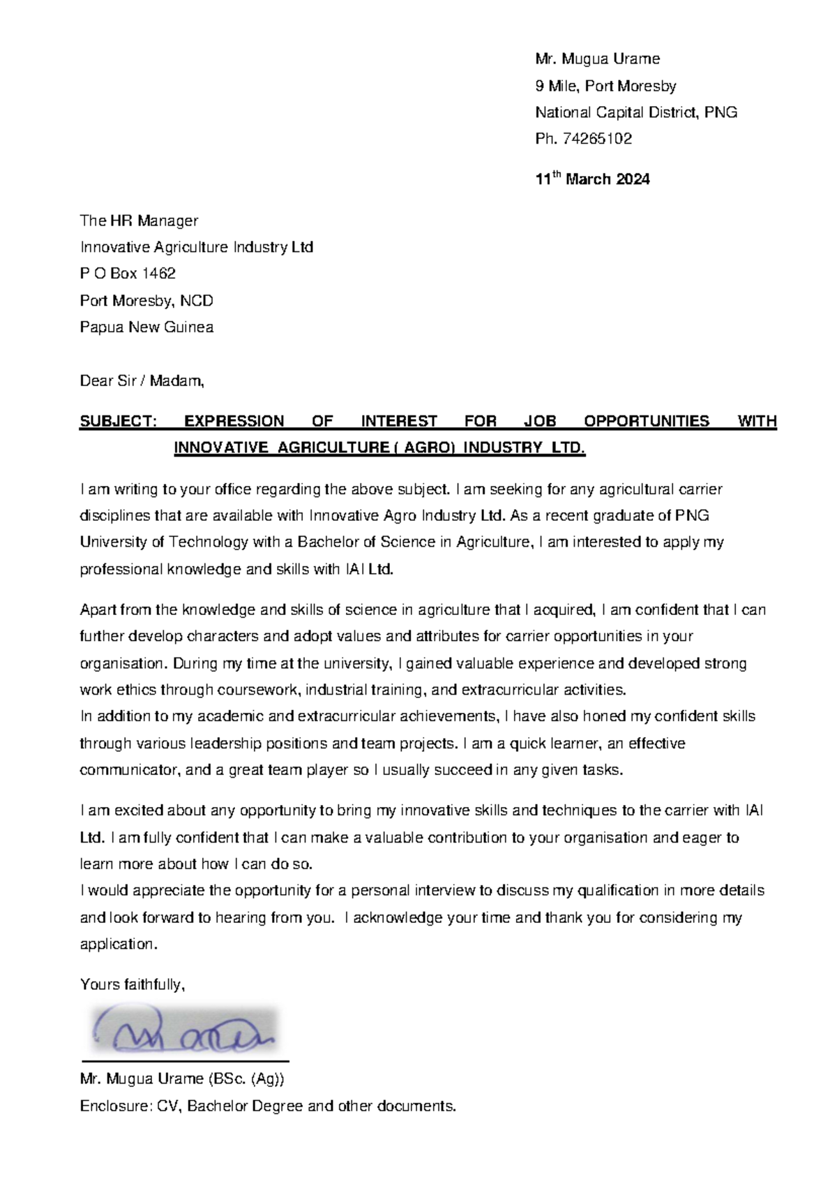 EOI for Job Opportunities with IAI Ltd - Mr. Mugua Urame (BSc. Ag ...