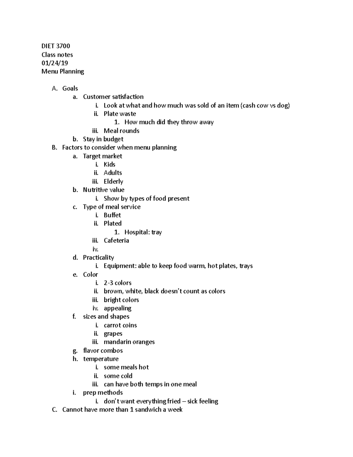 January 24 19 notes - DIET 3700 Class notes Menu Planning A. Goals a ...