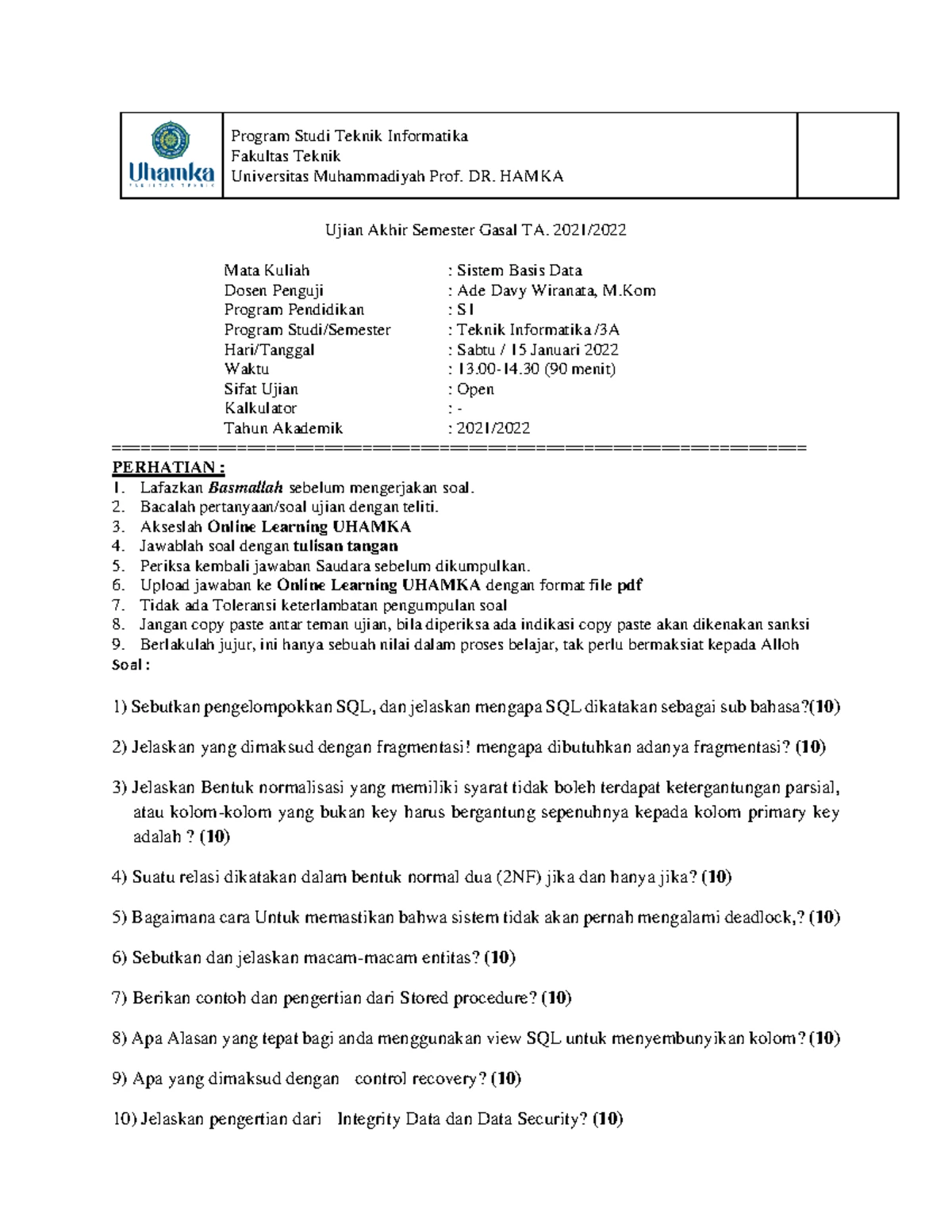 Contoh soal dan Jawaban UTS Basis Data - Program Studi Teknik ...
