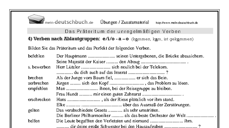 Präteritum Übungen für Lernende - Präteritum der unregelmäßigen Verben ...