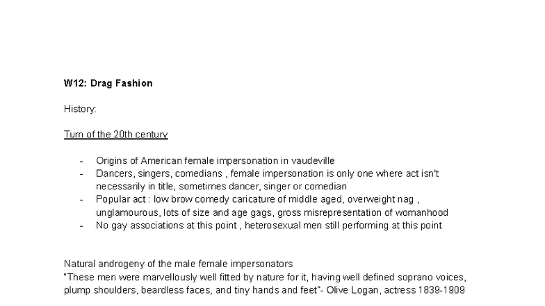 W12: The Evolution of Drag Fashion in Early 20th Century America - Studocu