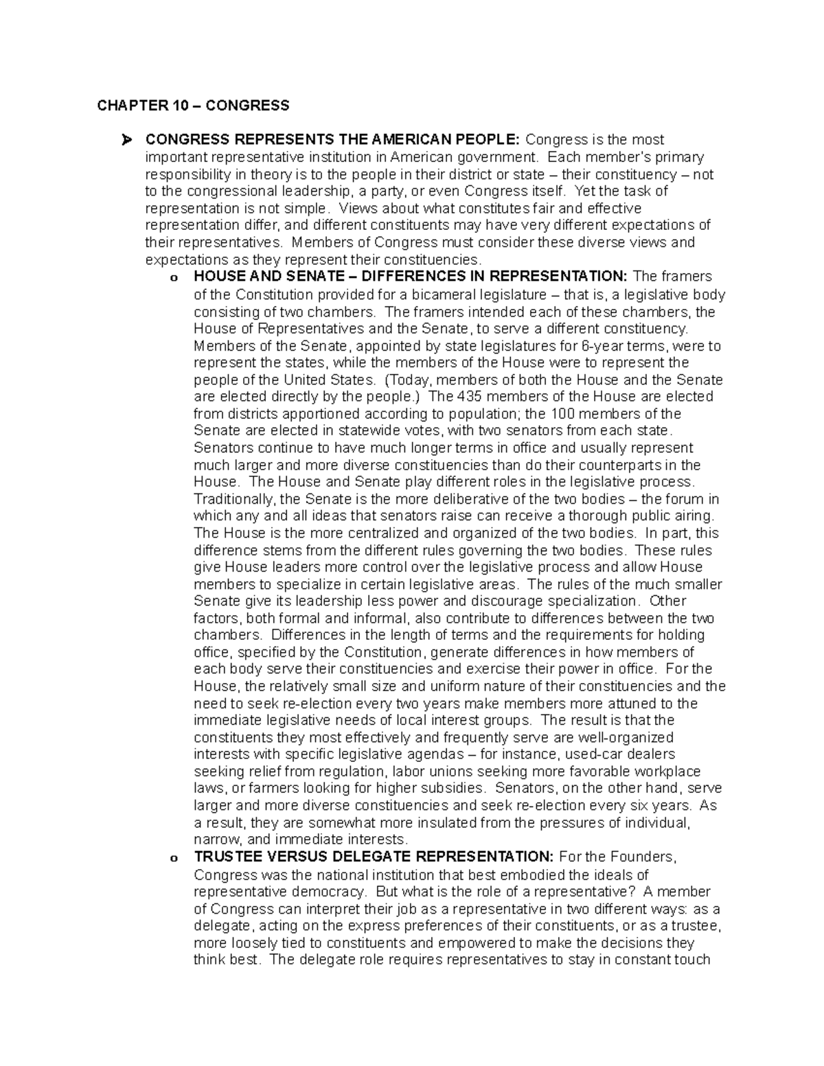 Chapter 10 Notes - CHAPTER 10 – CONGRESS CONGRESS REPRESENTS THE ...