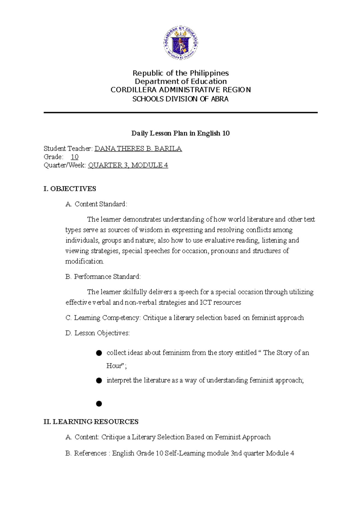 DLP ENG10 Daily Lesson Plan: Critiquing Feminist Literature - Studocu