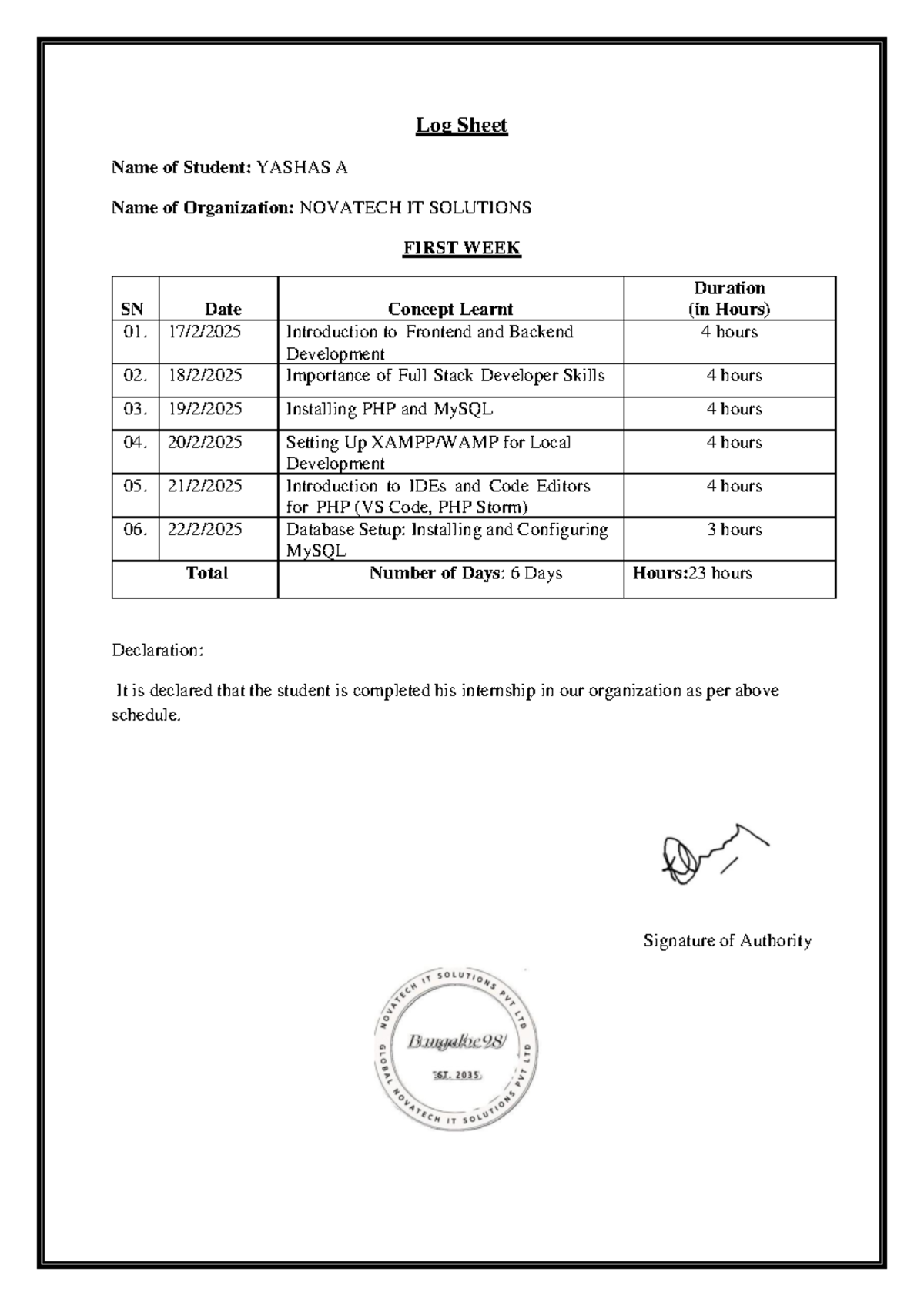 YASHAS A's Internship Log Sheet: Full Stack Dev at NOVATECH - Studocu