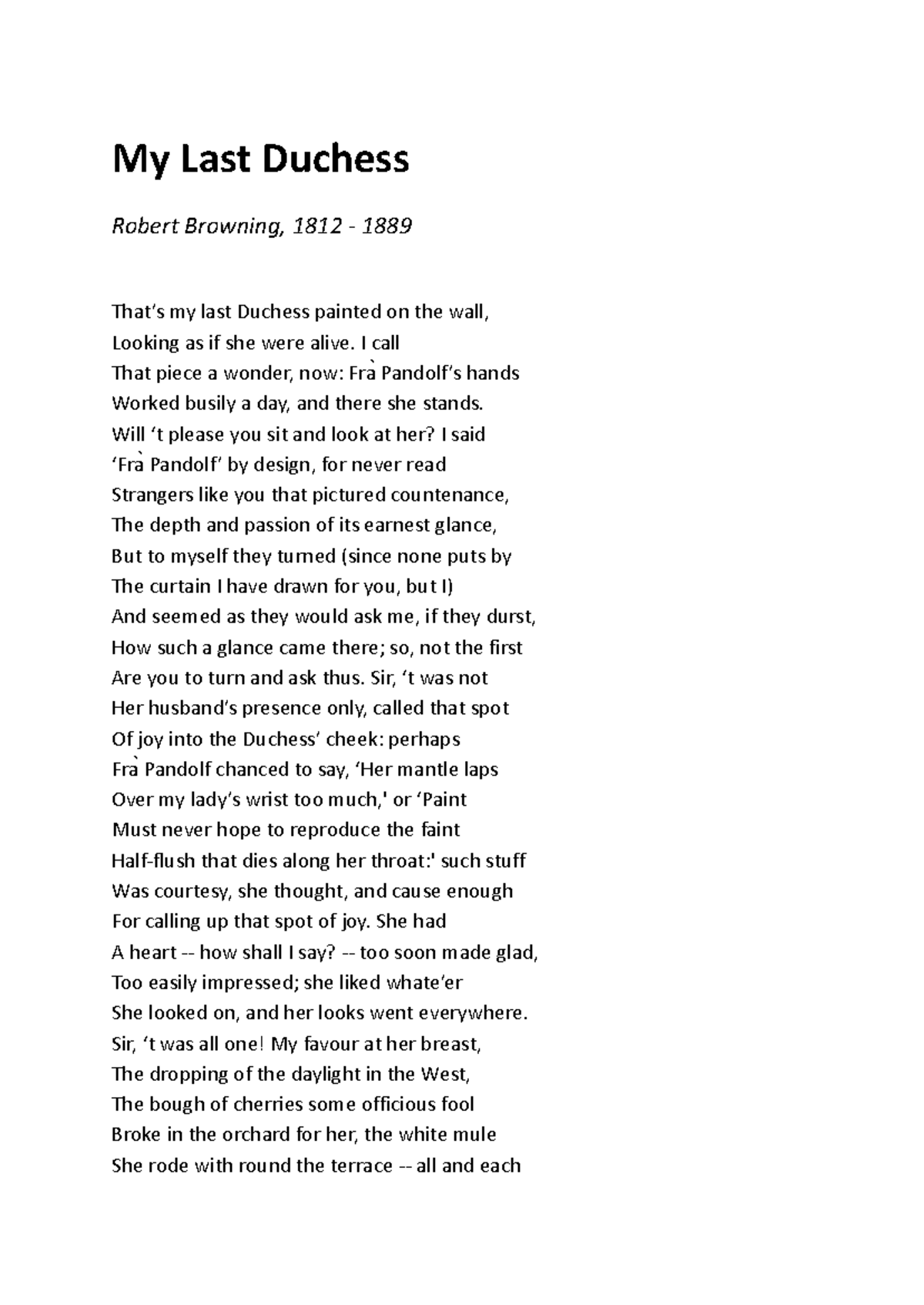 My Last Duchess Analysis - Robert Browning (1812-1889) - Studocu
