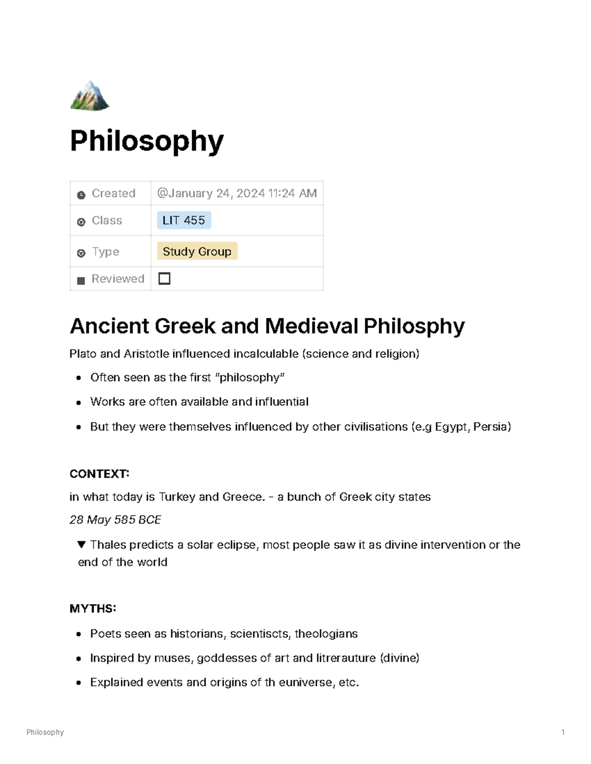 LIT 455 Study Group Notes: Ancient Greek & Medieval Philosophy - Studocu