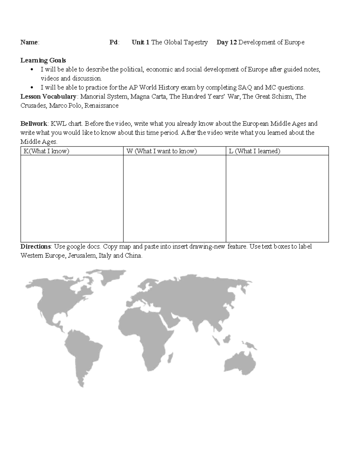 AP World History: Unit 1 Lesson 12 - Development of Europe Worksheet ...