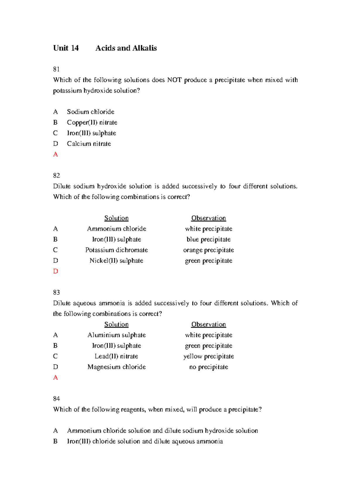 Unit 14 Acids and Alkalis MC Questions - Classwork Tutorial - Studocu