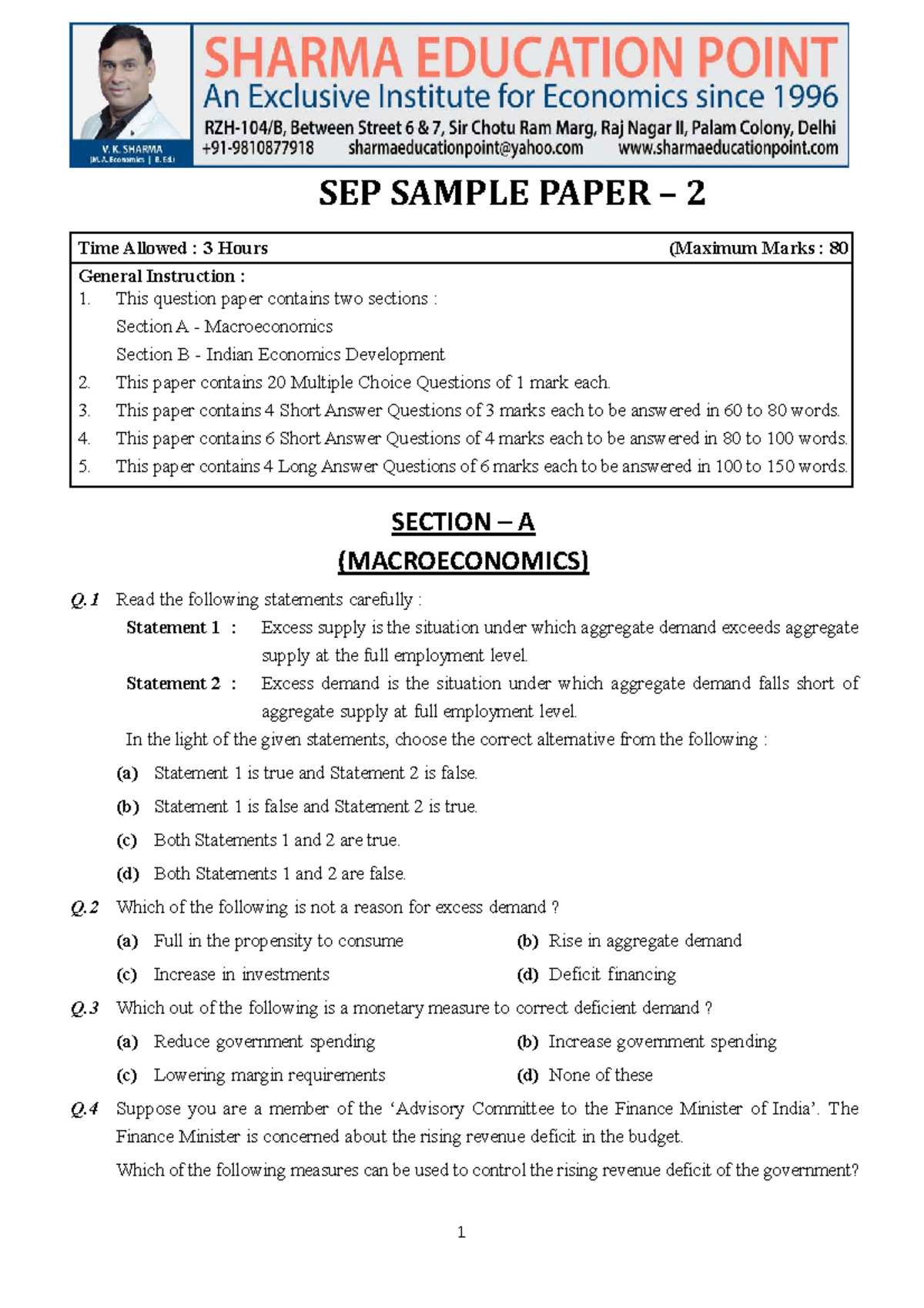 SEP Sample Paper 2: Macroeconomics & Indian Economic Development - Studocu