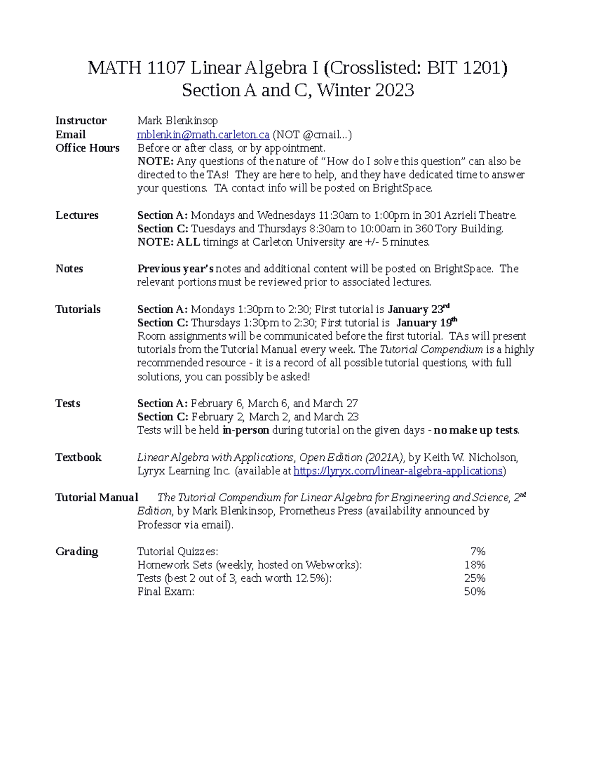 MATH 1107AC & BIT 1201A Winter 2023 Course Outline & Evaluation Details ...