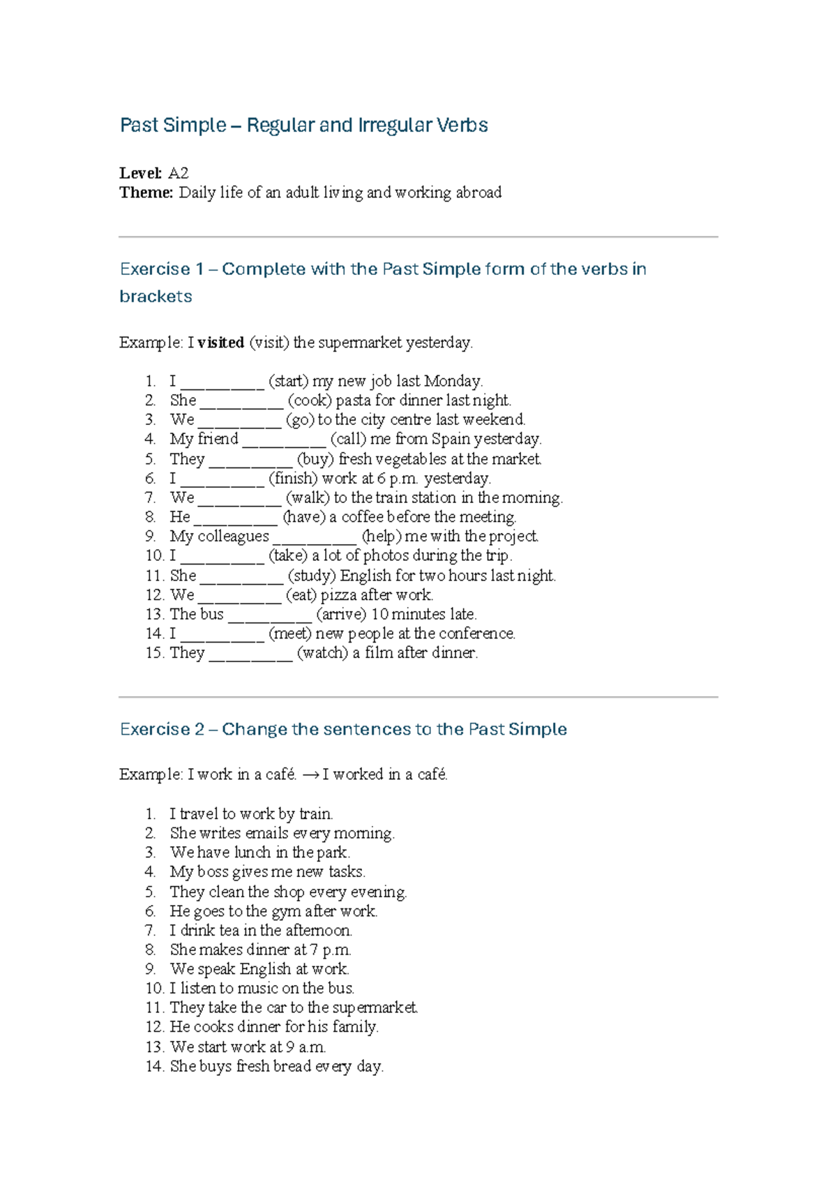 Past Simple Regular & Irregular Verbs Exercises A2 Level - Studocu