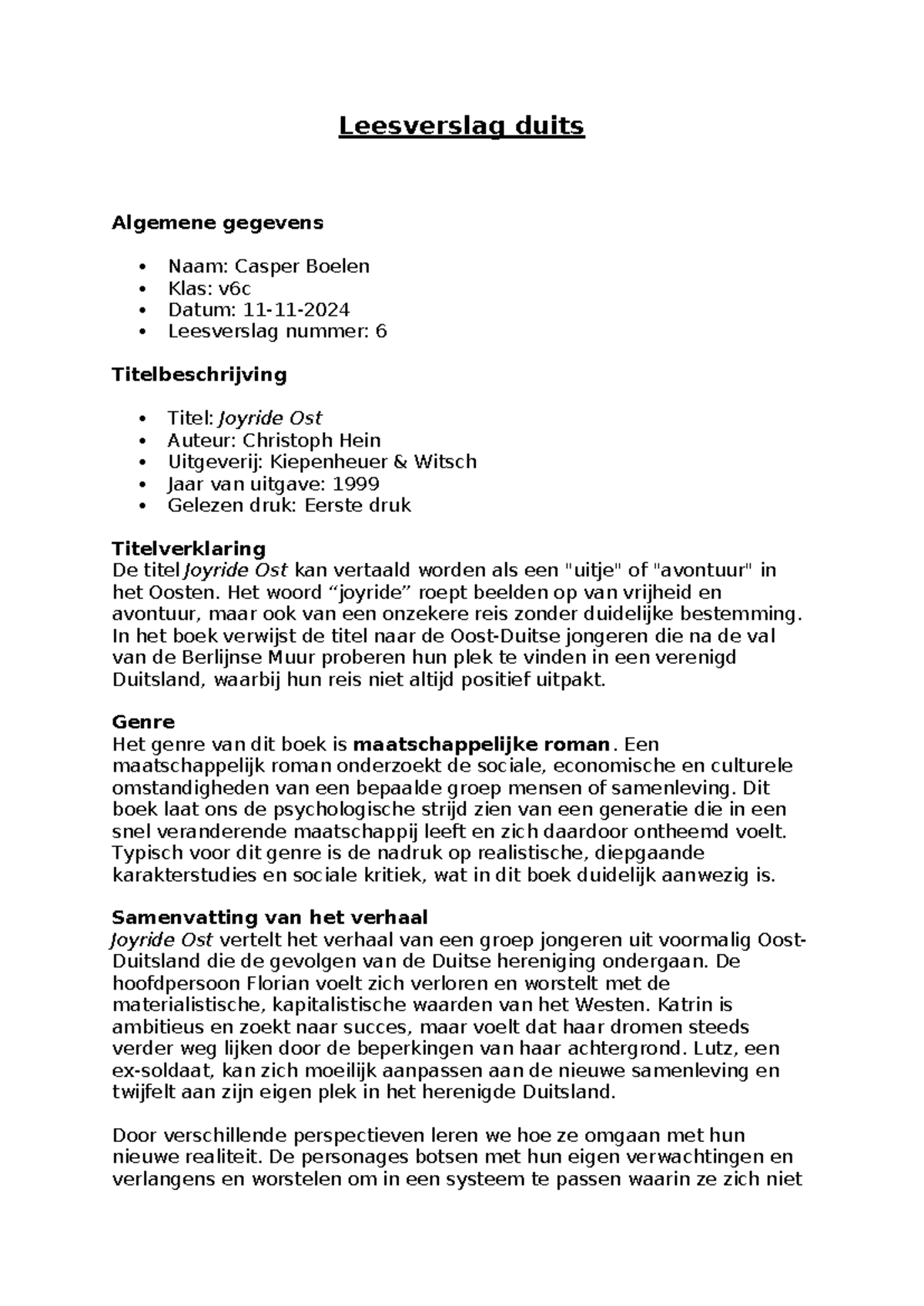 Leesverslag Duits: Joyride Ost van Christoph Hein (v6c) - Studeersnel