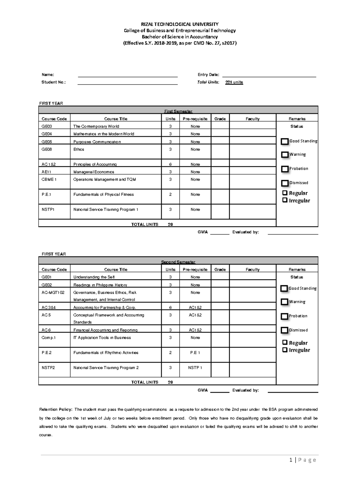 BSA Current Curriculum 2018 2019 ELEC updated July 15 2020 - College of ...