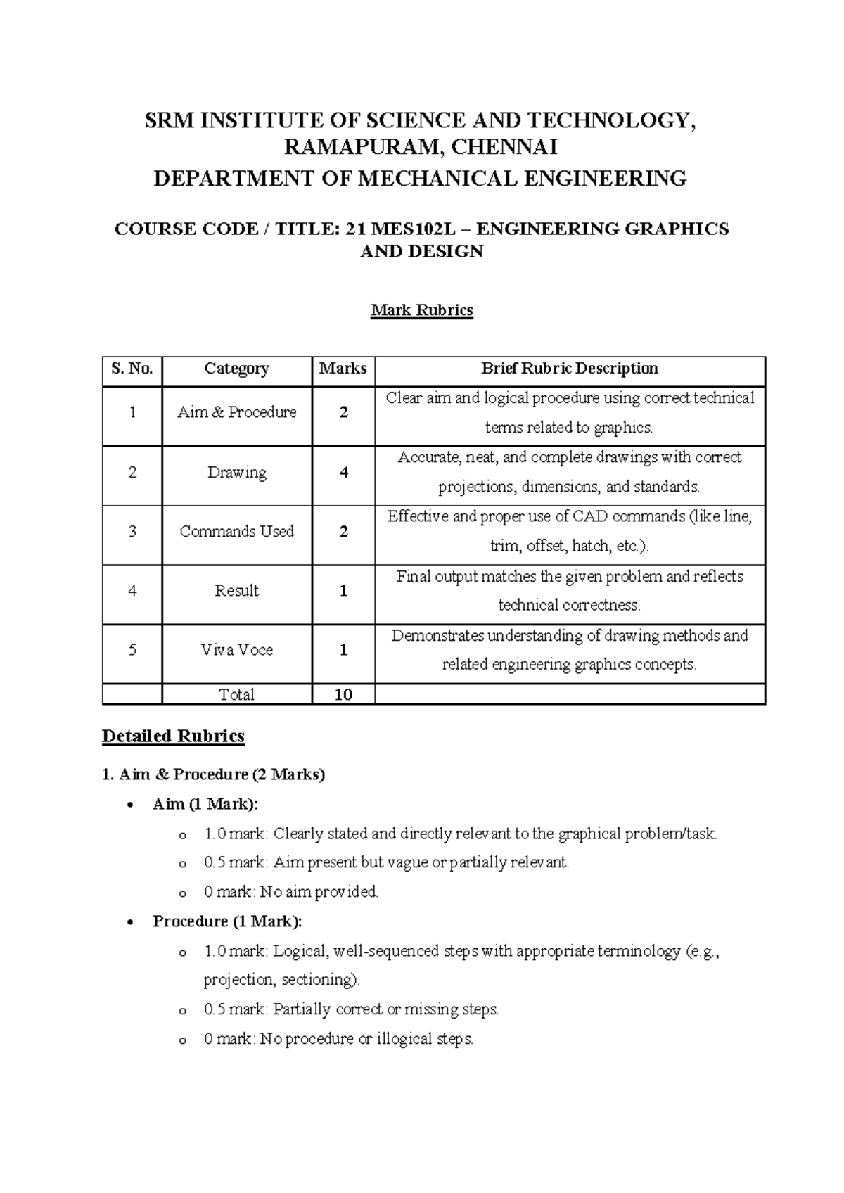 EGD Lab Manual: 21 MES102L Engineering Graphics & Design Rubrics - Studocu