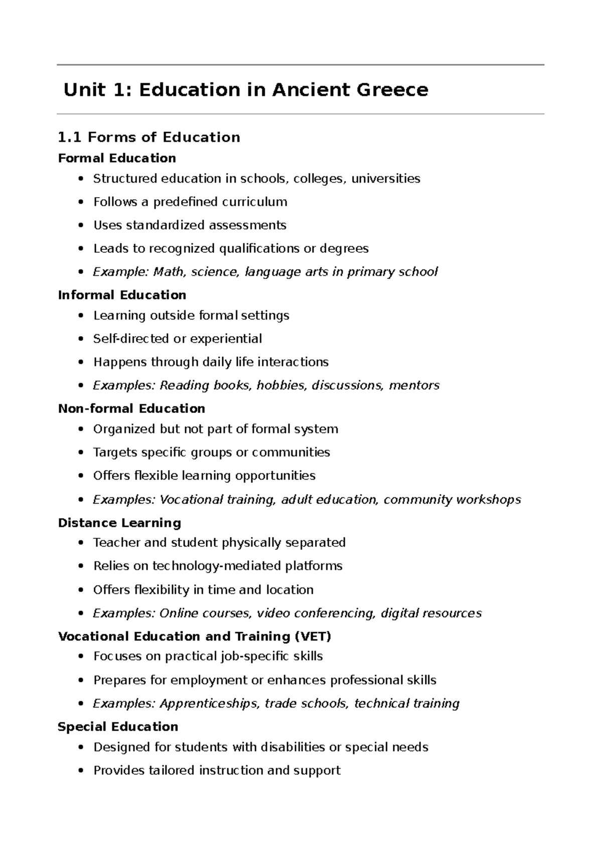Unit 1: Education in Ancient Greece - Essential Notes for Study - Studocu