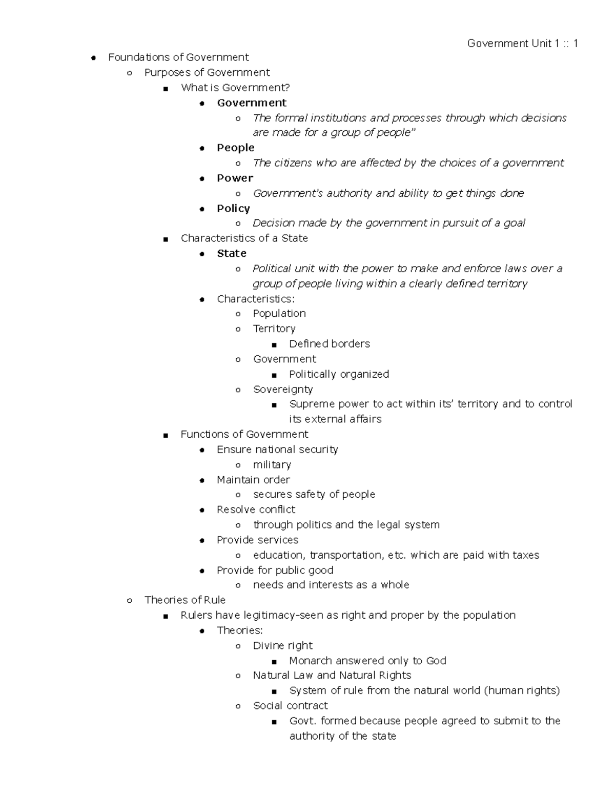 Government Unit 1 Basics of Government - Foundations of Government ...