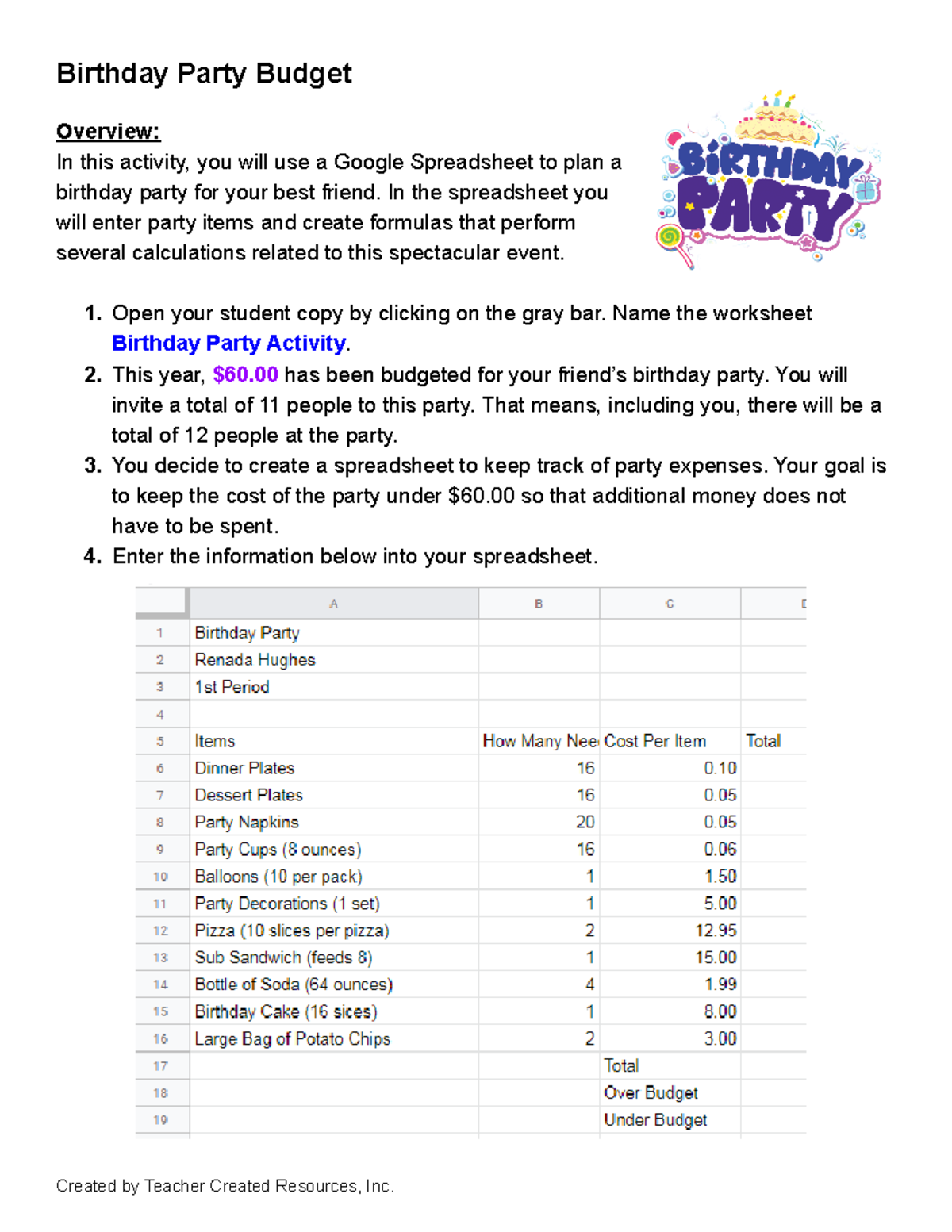 Birthday Party Budget Activity 24-25 - Birthday Party Budget Overview ...