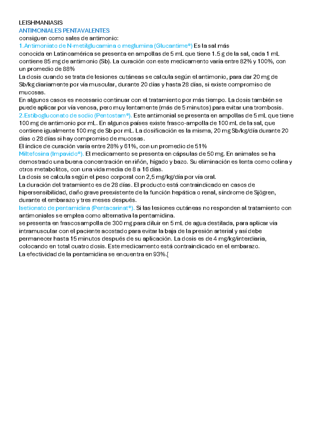 Tratamiento y Efectividad de Antimoniales en Leishmaniasis - Studocu