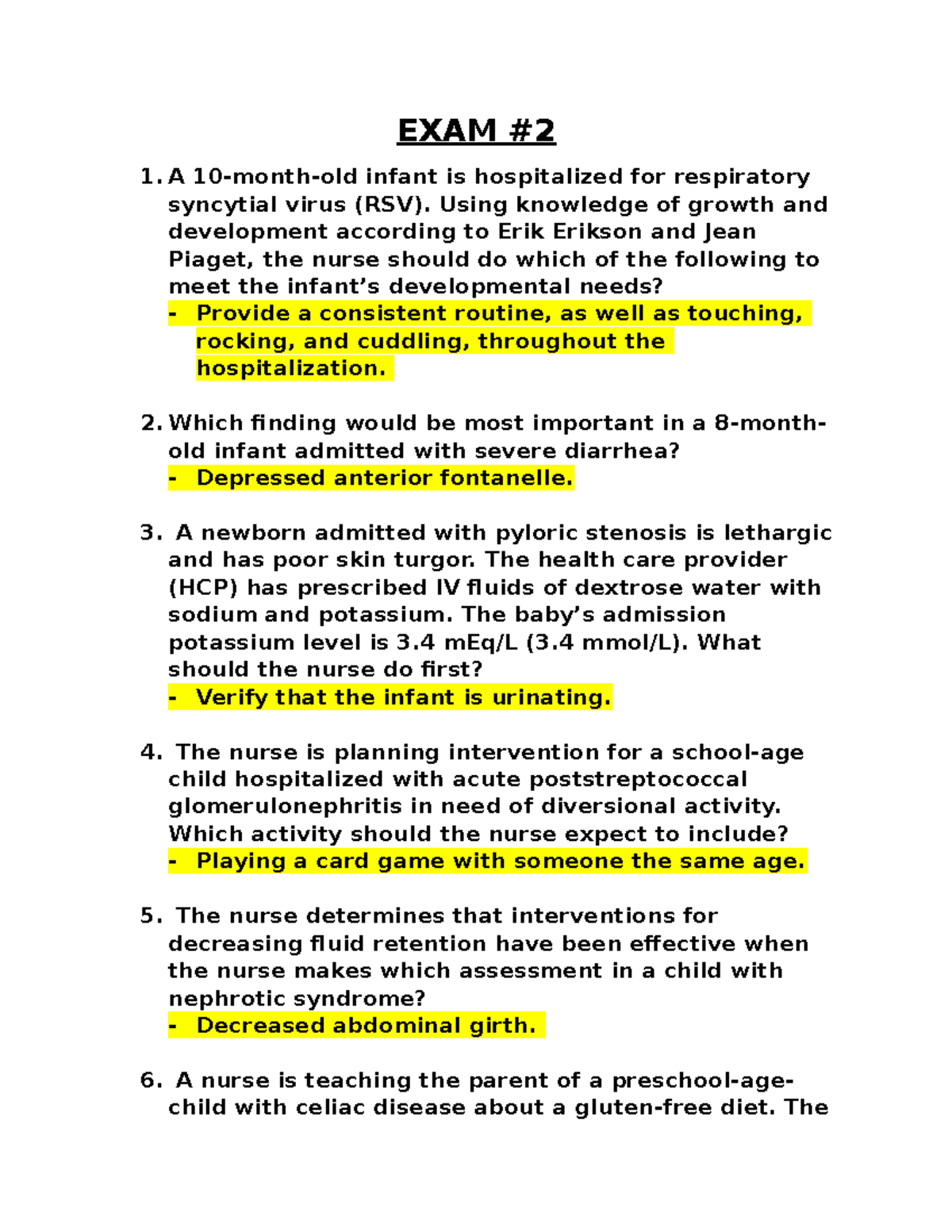 PEDS 2 - Exam #2 Practice Test Study Guide - Studocu