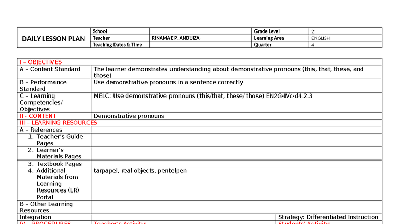 DLP ENGLISH 4: Lesson Plan on Demonstrative Pronouns - Studocu