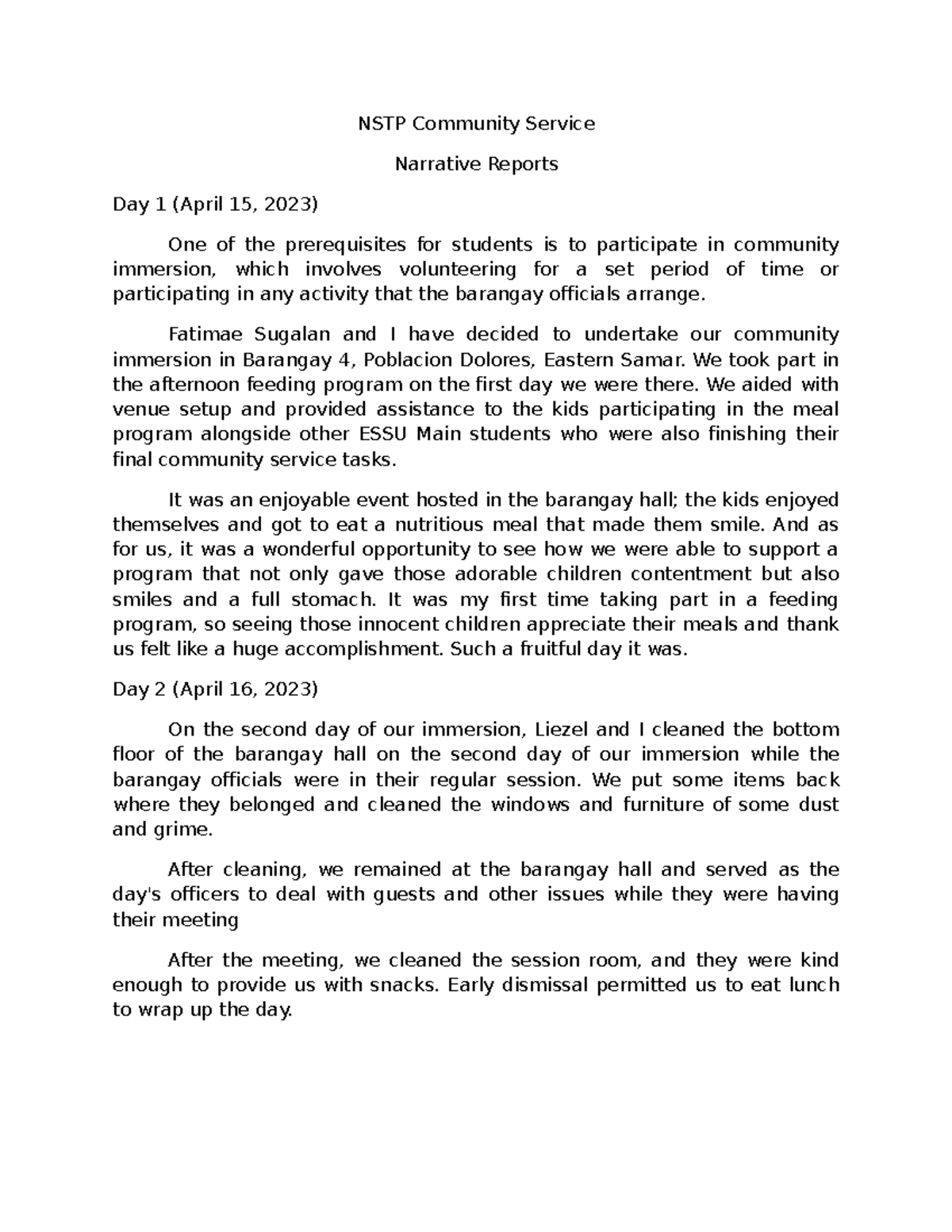 NSTP Community Service Narrative: Immersion Experience Summary - Studocu